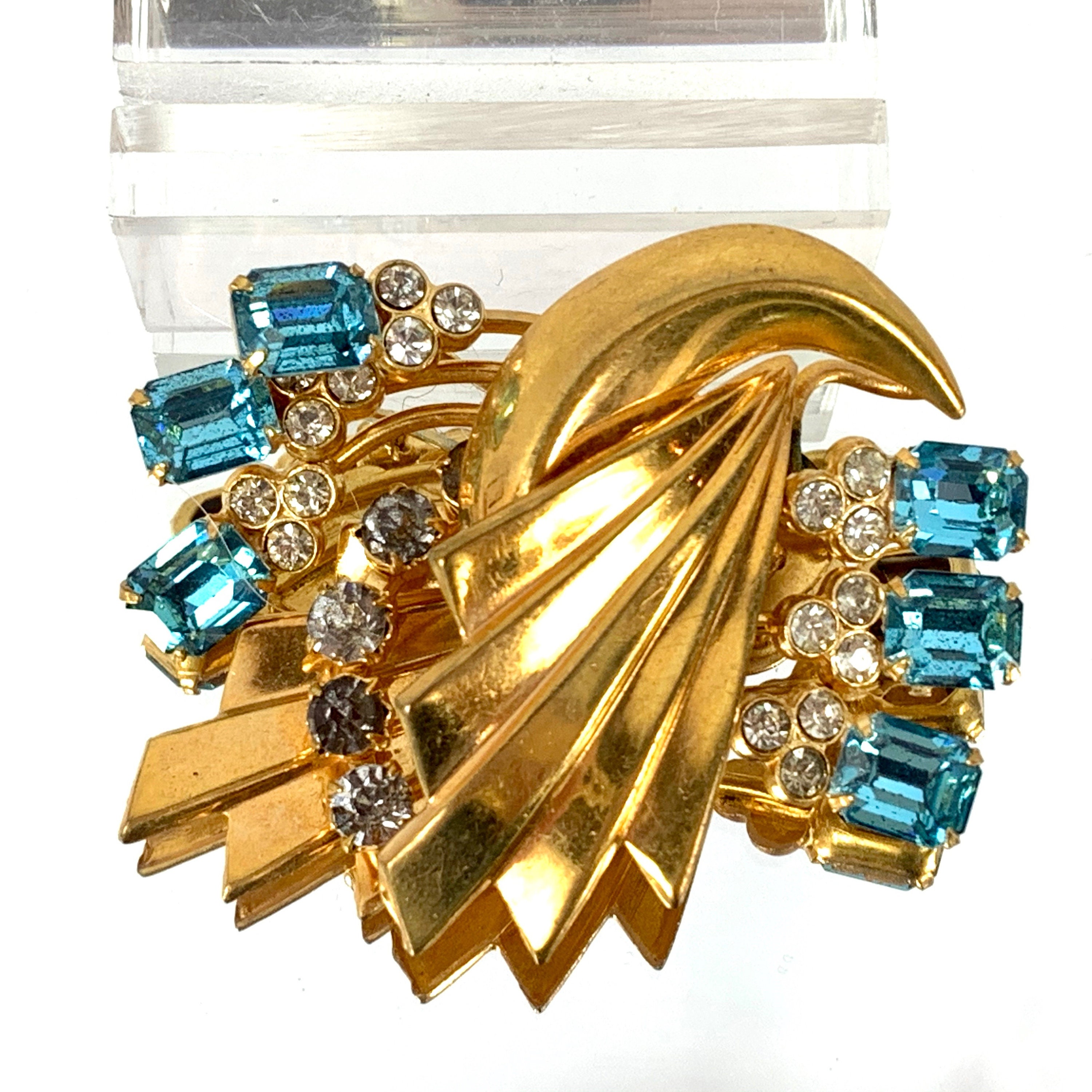 Elegant Art Moderne Blue Topaz Rhinestone Brooch - Etsy