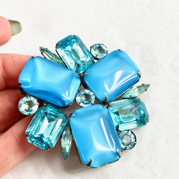 Huge Rhinestone Midcentury Swirl Teal Brooch - Gem