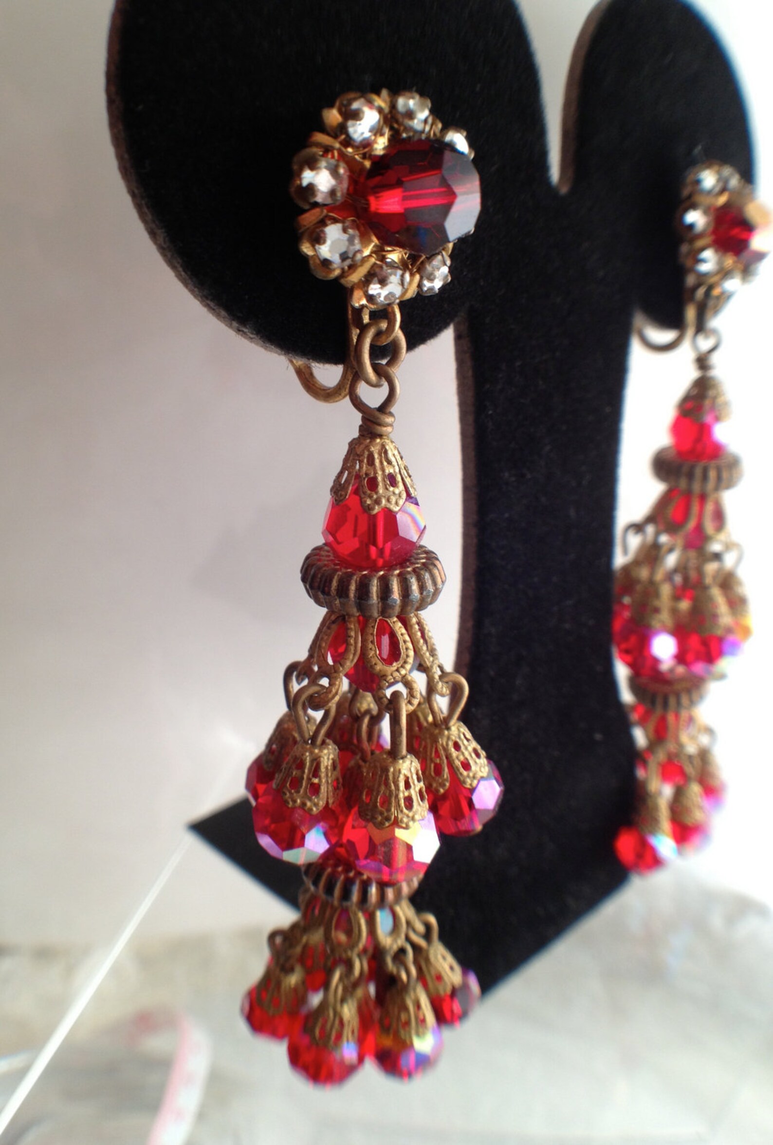 Red and Gold Chandelier Earrings Haskell Style Vintage | Etsy
