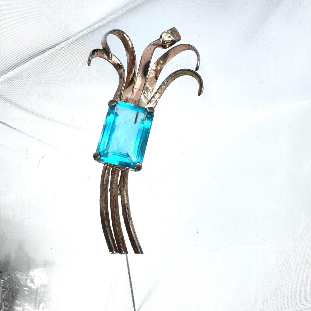 Blue Topaz Glass Rhinestone Brooch, Art Moderne, Vintage Mexican Silver ...
