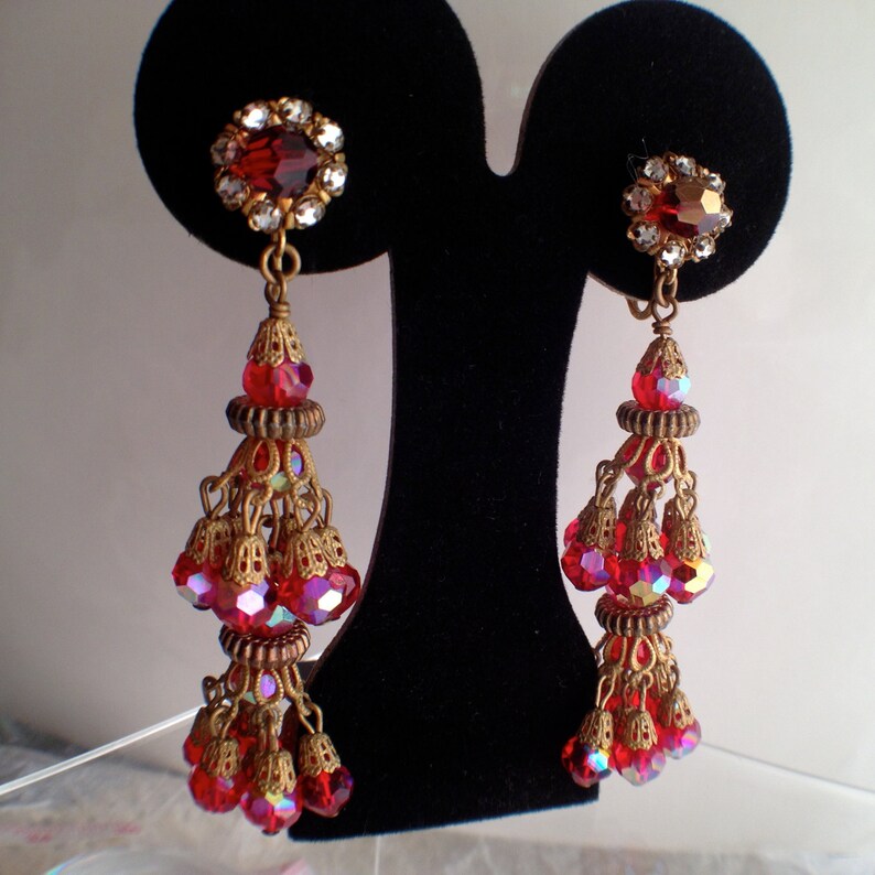 Red and Gold Chandelier Earrings Haskell Style Vintage | Etsy