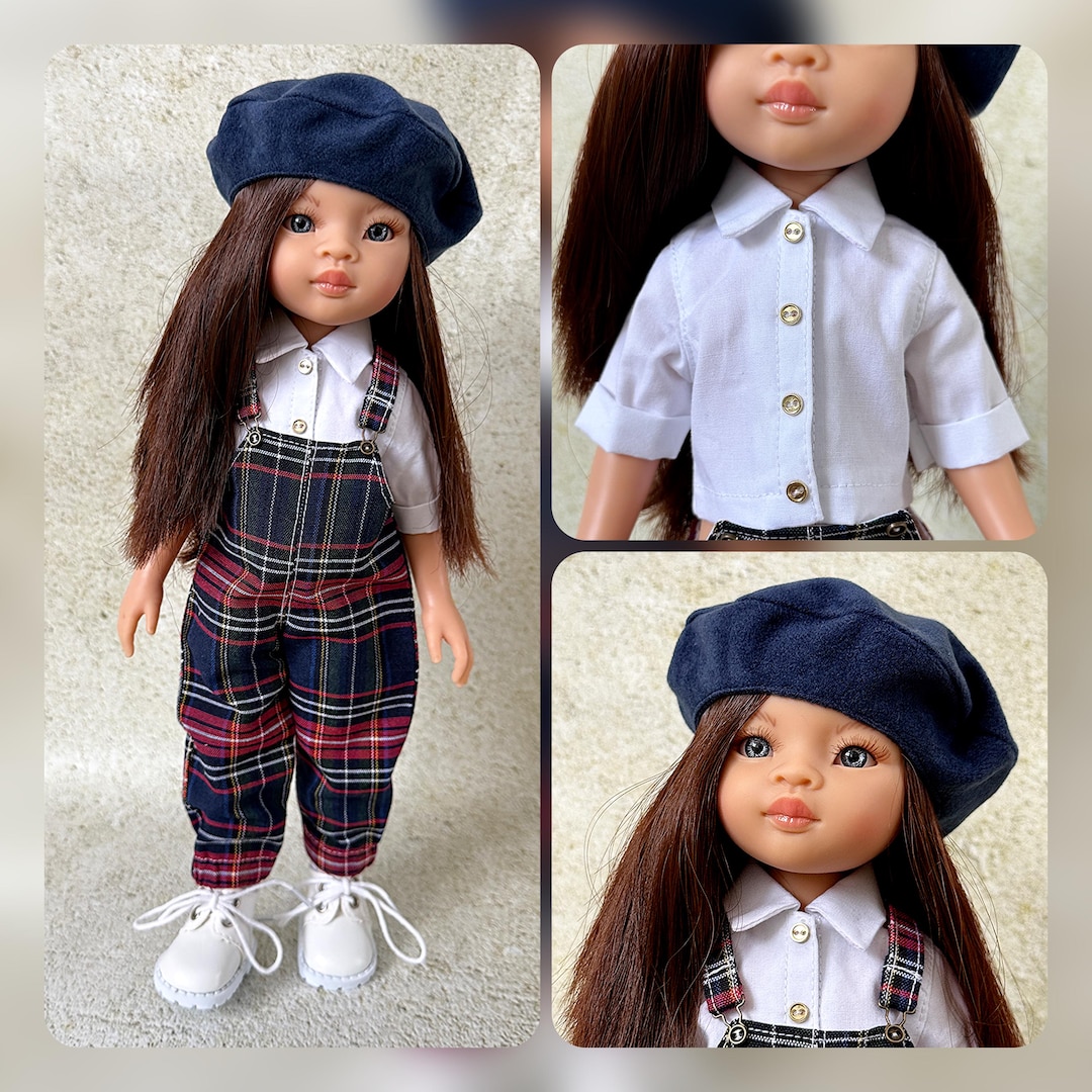 Paola Reina Doll Clothes 32cm | Plaid Overalls, Blouse, Beret Set ...