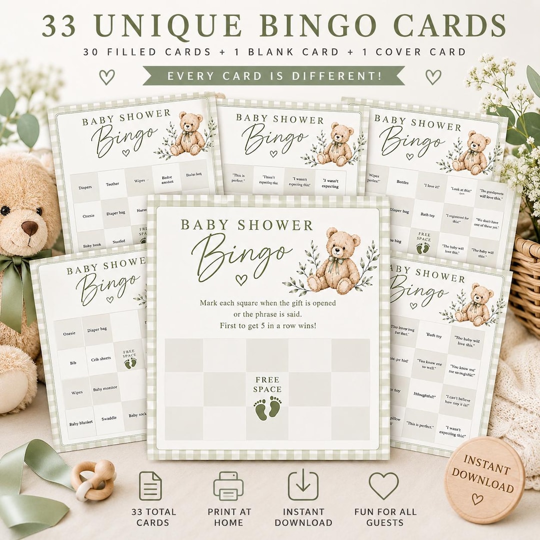 Baby Shower Bingo Game Cards, Gender Neutral Printable Activity (33 ...