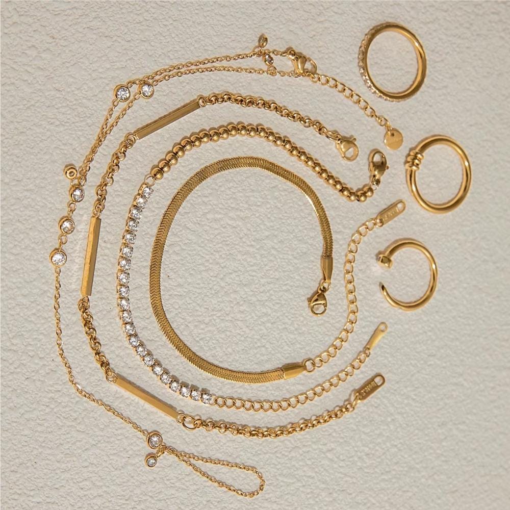 18K Gold Bracelet & Ring Set, Stackable Waterproof Stainless Steel ...