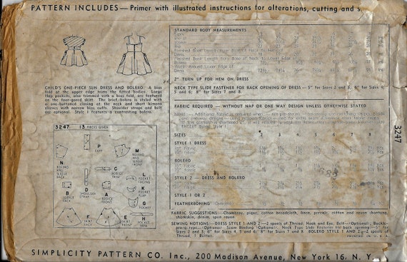 Sewing & Fiber Sewing Vintage 1950s Simplicity 3248 Girls Sun Dress And Bolero Sewing Pattern ...