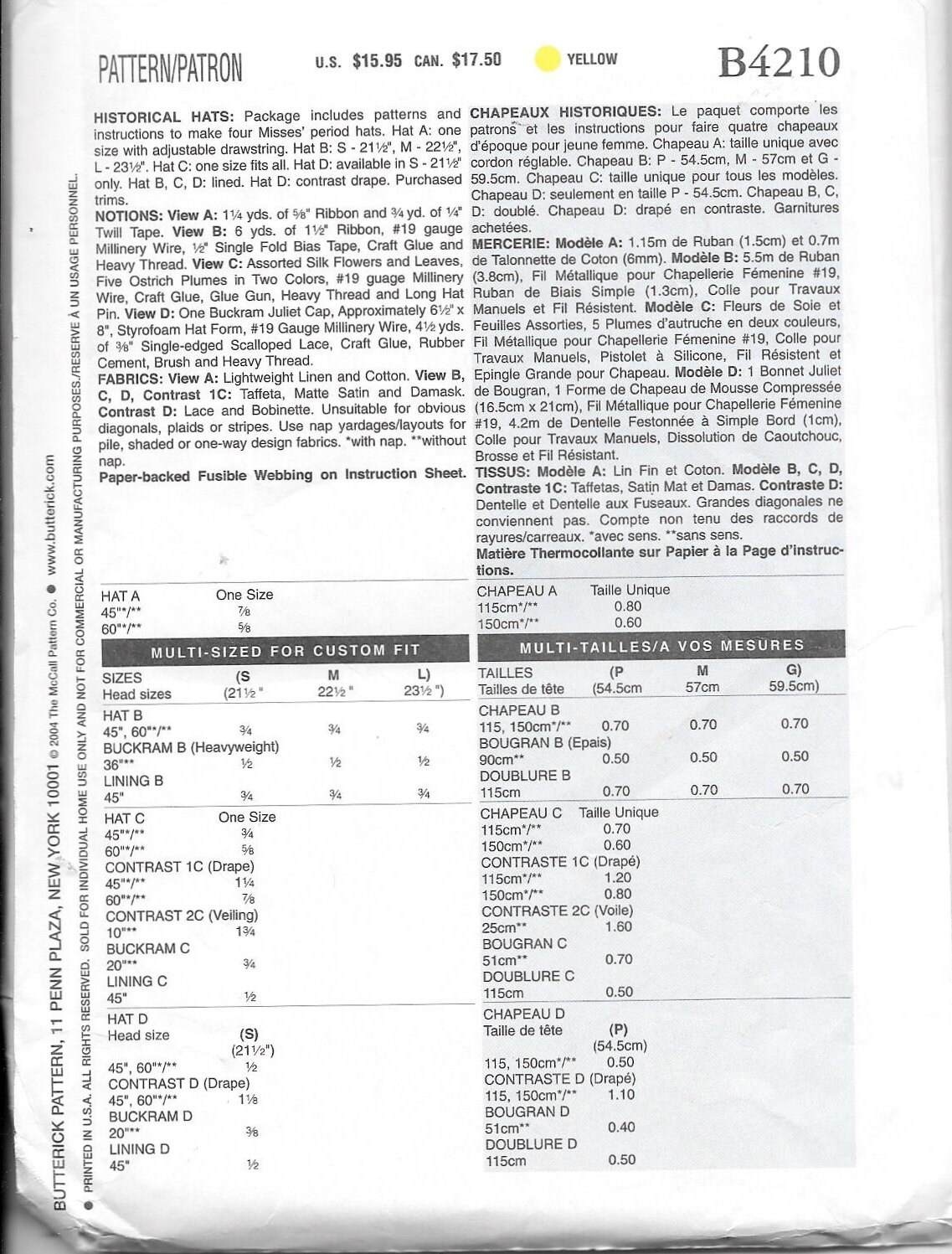 Butterick B4210 Womens Hat Pattern Mobcap Edwardian Victorian | Etsy