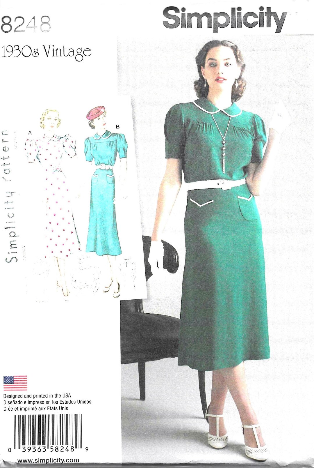 Simplicity 8248 Vintage 1930s Dress W Peter Pan Collar, Puff Sleeves ...