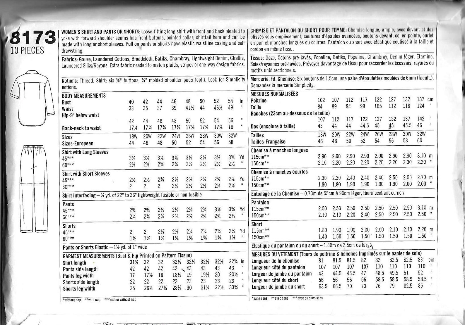 Simplicity 8173 HOAX Ful Figure Shirt Pants or Shorts Sewing - Etsy