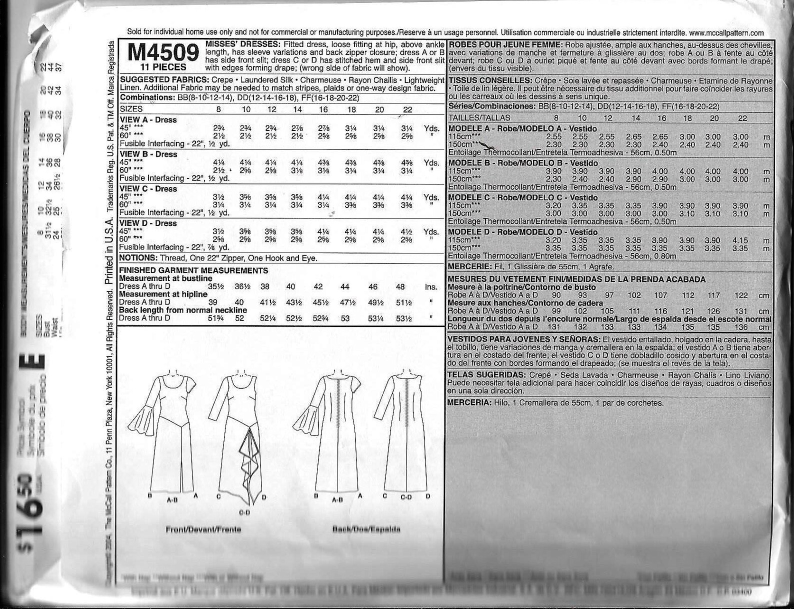 Mccall's M4509 Dress Fitted Ankle Length Scoop Neck Sewing - Etsy