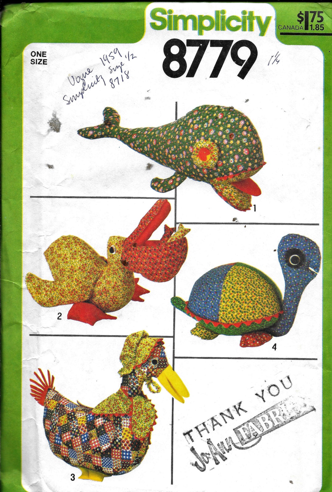 Vintage Simplicity 8779 Country Stuffed Animal Toys Sewing Pattern ...