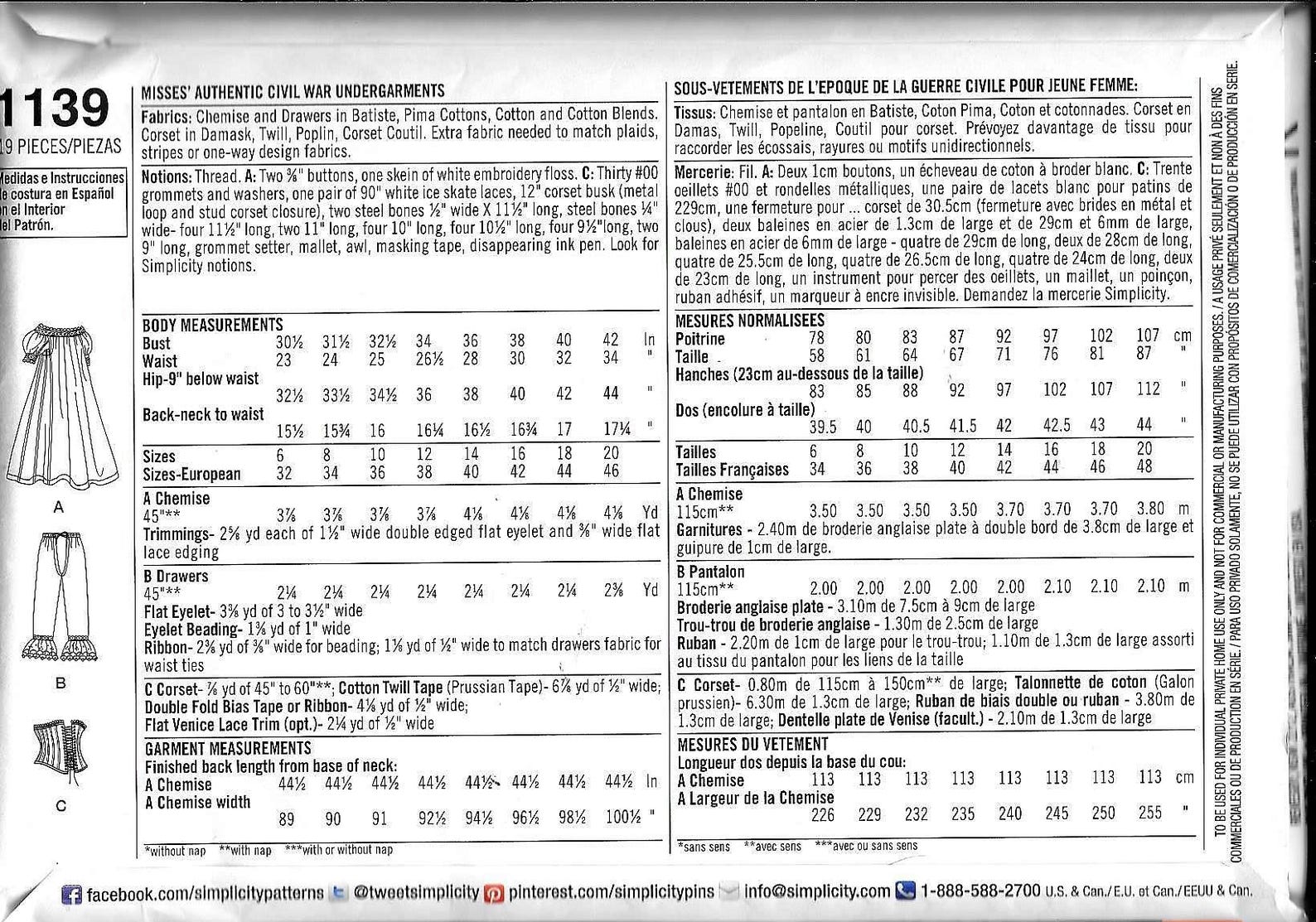 Simplicity 1139 Civil War Underwear Chemise Drawers Corset - Etsy