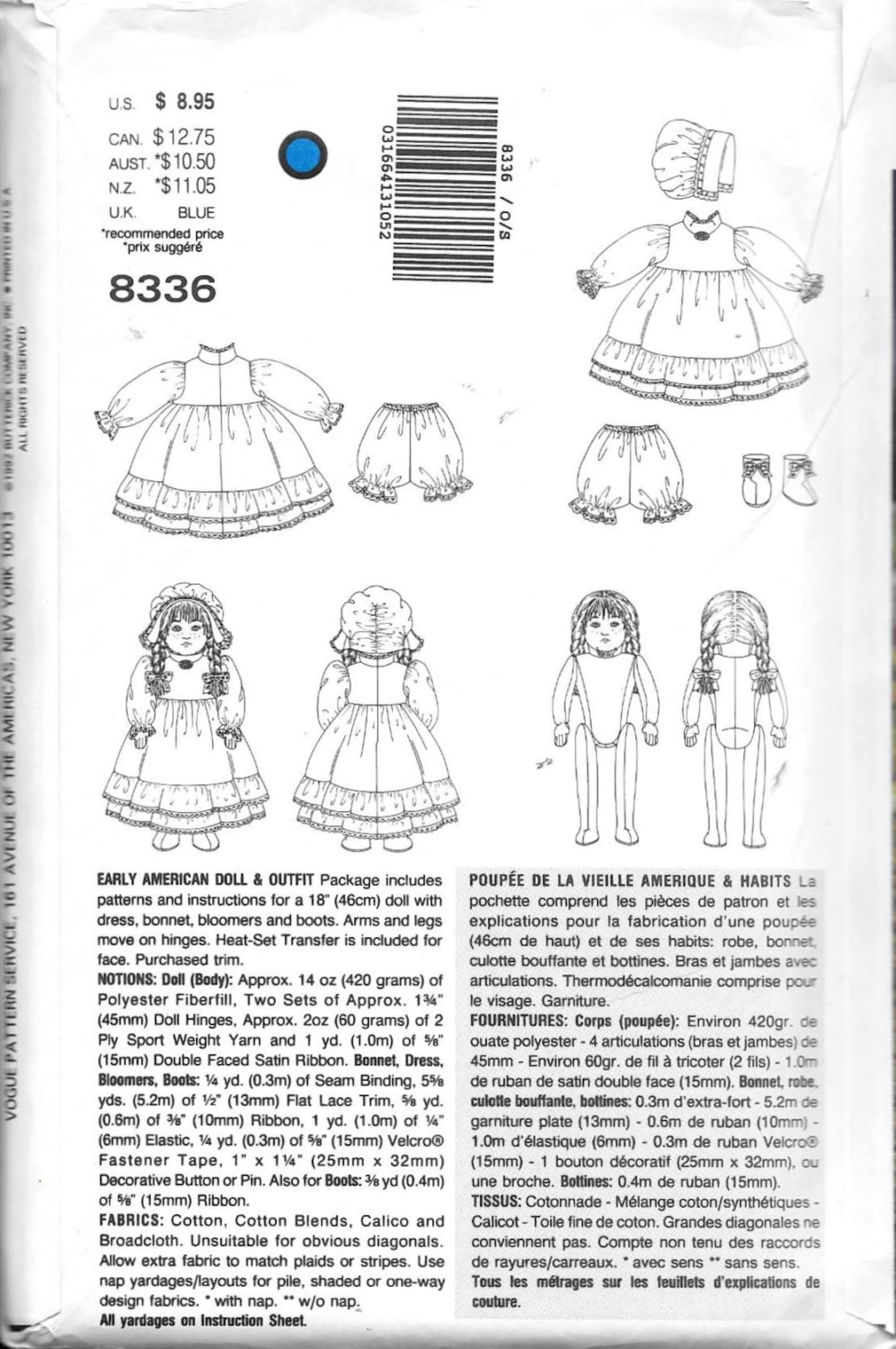 Early American Vogue 8336 Craft 18 Girl Doll & Dress - Etsy