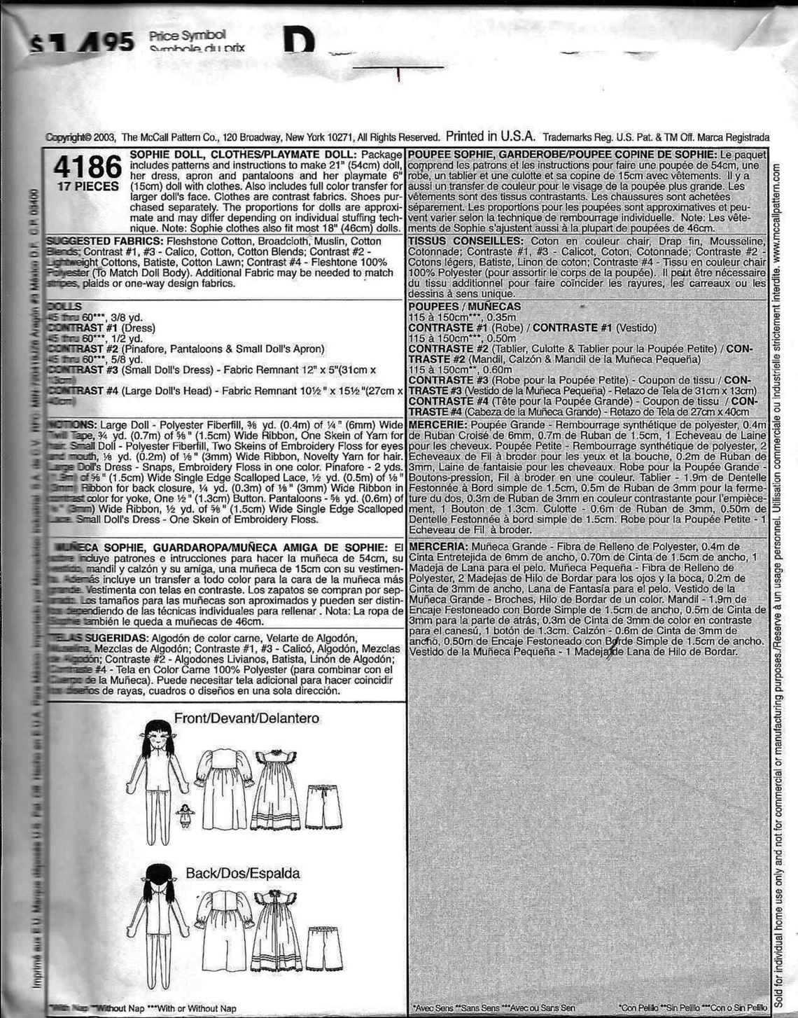 Mccall's 4186/P488 Sophie Soft Cloth Doll and Her Everyday - Etsy