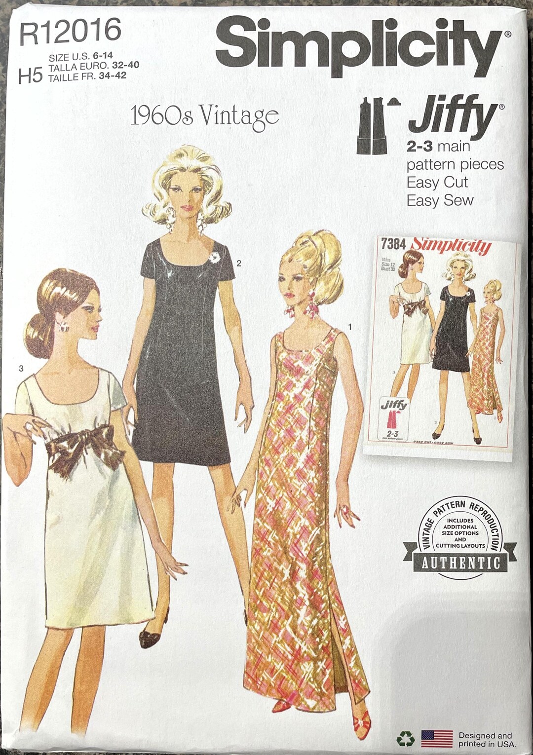 Simplicity R12016/9884 Vintage 1960s Jiffy Dress Sewing Pattern UNCUT ...