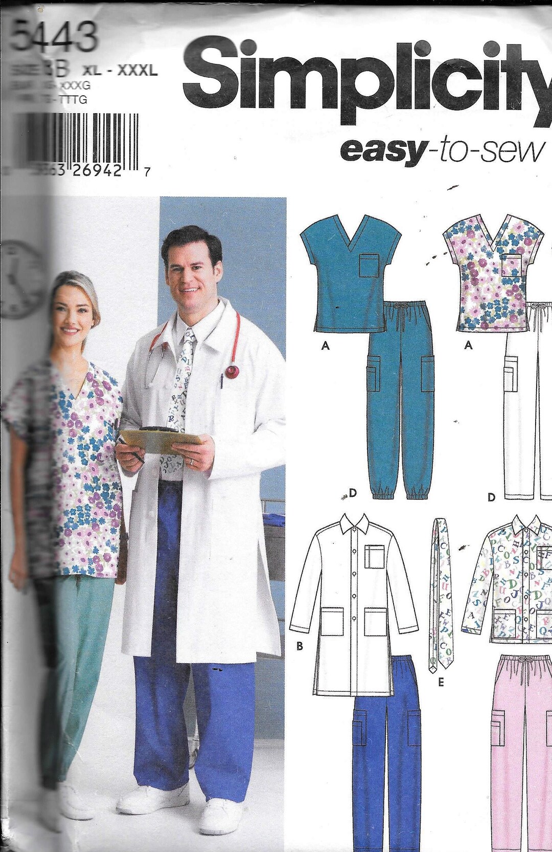 Simplicity 5443 Unisex Hospital SCRUBS Uniform Jacket Top Pants Lab ...