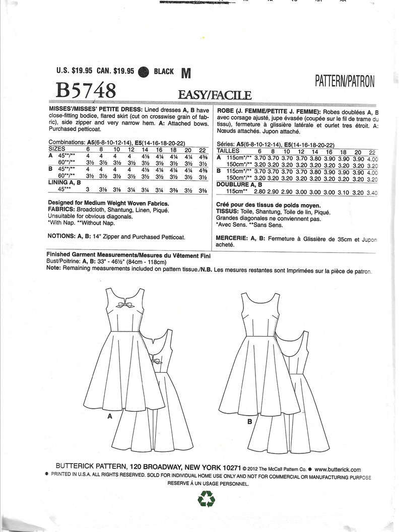 Butterick B5748 Retro 1950s DRESS Sewing Pattern 5748 UNCUT - Etsy