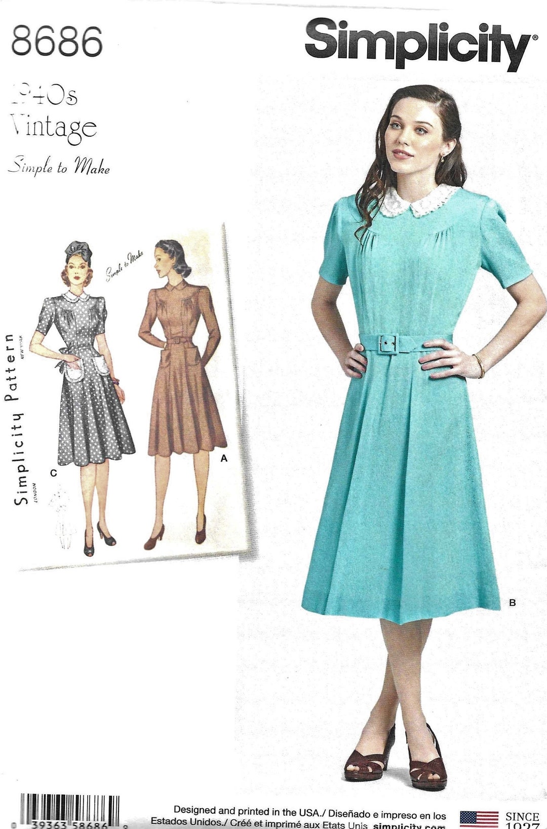 Simplicity 8686/H0226 Vintage 1940s DRESS Sewing Pattern UNCUT Size 4 ...