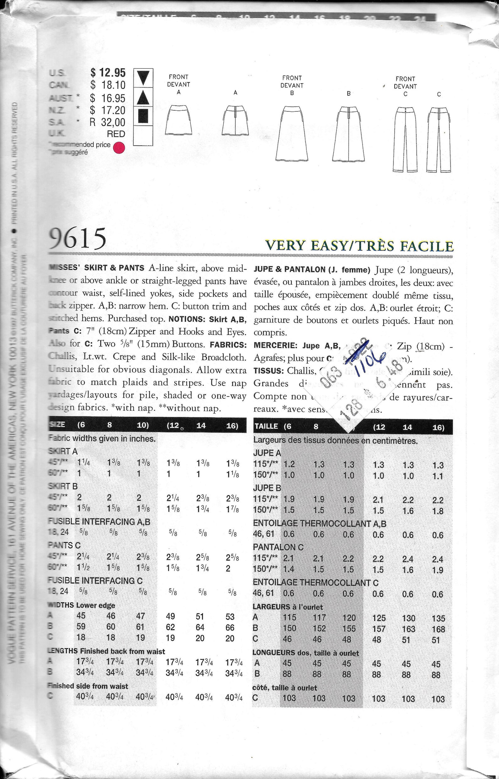 Vogue 9615 Very Easy Skirt and Pants Sewing Pattern UNCUT Size 6, 8, 10 ...