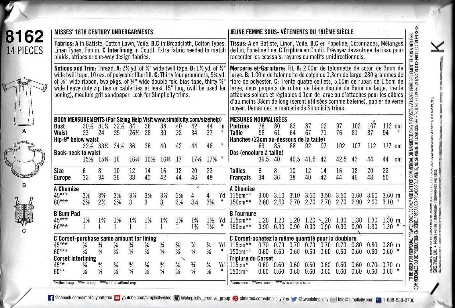 Simplicity 8162 Misses 18th Century Undergarments Corset - Etsy