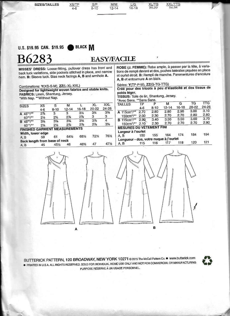 Butterick B6283 Katherine Tilton Boho Pullover Loose Fitting DRESS ...
