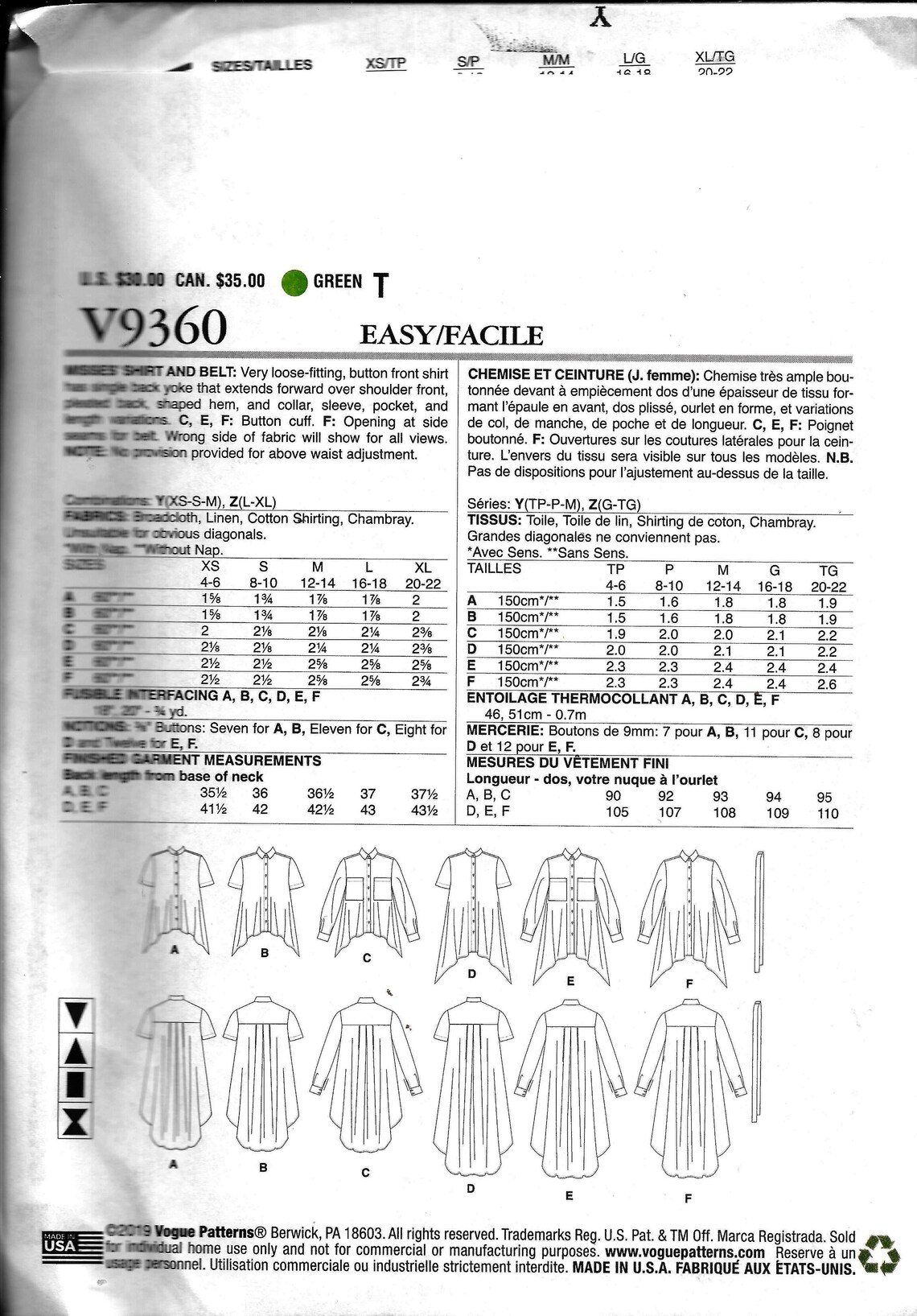 Vogue V9360 Easy Shirt and Belt Sewing Pattern 9360 UNCUT Size - Etsy