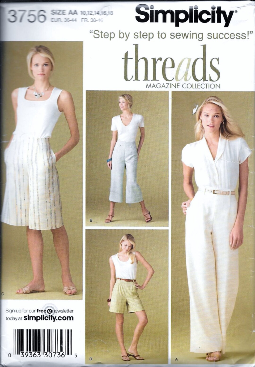 Simplicity 3756 Threads Pants and Shorts Sewing Pattern UNCUT Size 10 ...