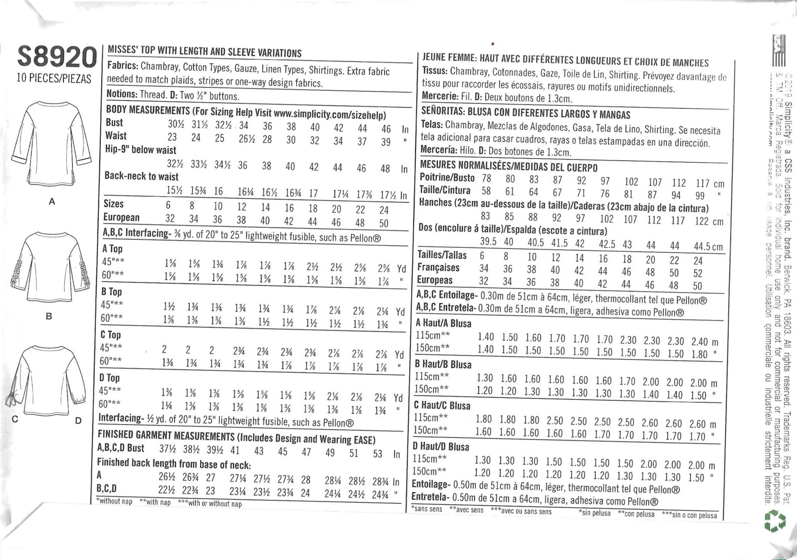 Simplicity S8920 Top Sewing Pattern UNCUT Size 6 8 10 12 - Etsy