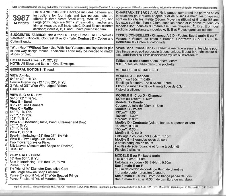 Mccall's Fashion Accessories 3987 Red Hats Sewing Pattern - Etsy