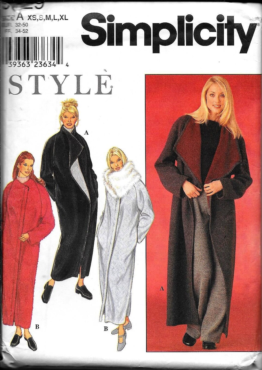 Simplicity 9029 Long Winter Coat Sewing Pattern XS, S, M, L, XL Pockets ...