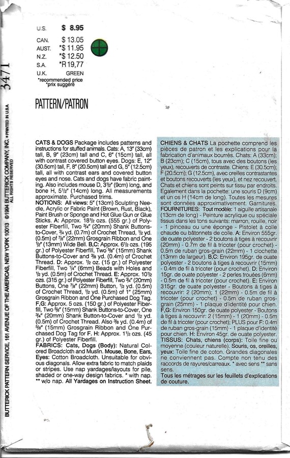 Sewing & Fiber Craft Supplies & Tools Vintage Butterick 3471 Soft Stuff ...