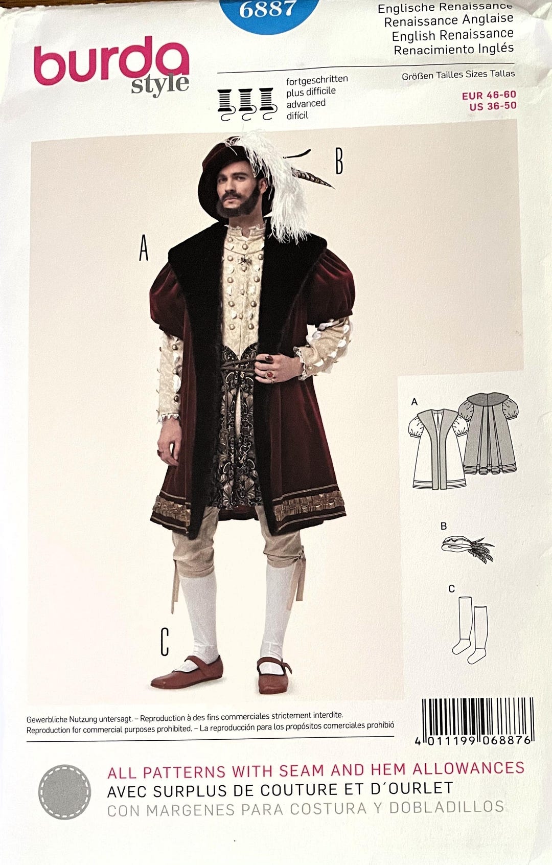 King Henry VIII Costume Sewing Pattern: Burda 6887, Men's Sizes 36-50 ...