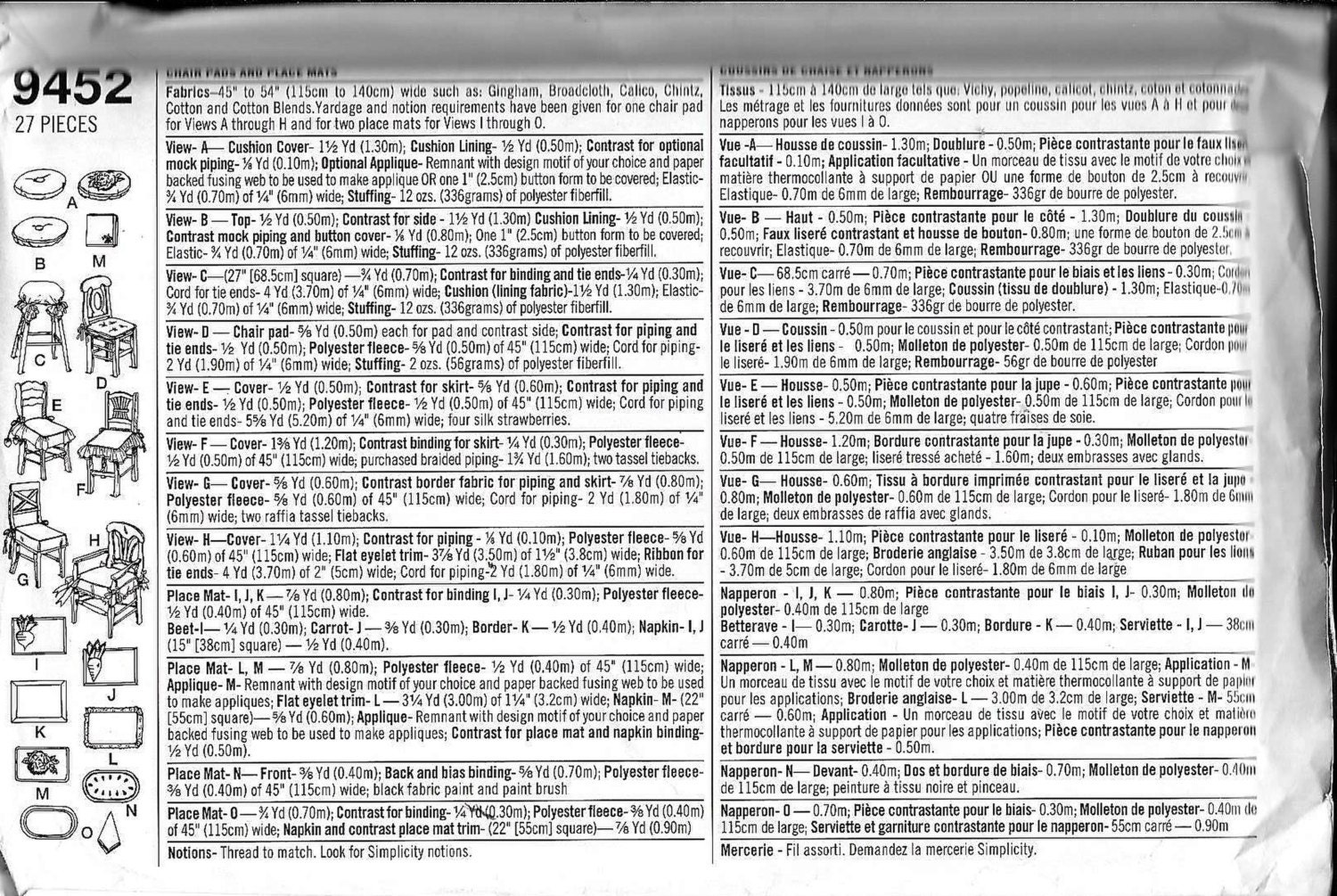 Simplicity 9452 Kitchen Table Chair Pads Place Mats Sewing Pattern ...