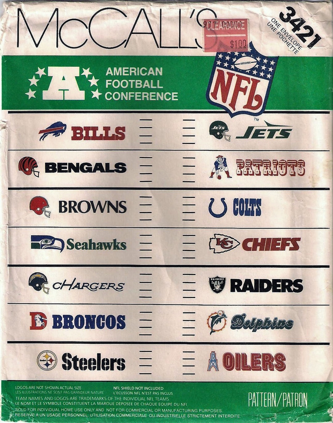 Mccall's 3421 Vintage Transfer Pattern American Football Conference ...