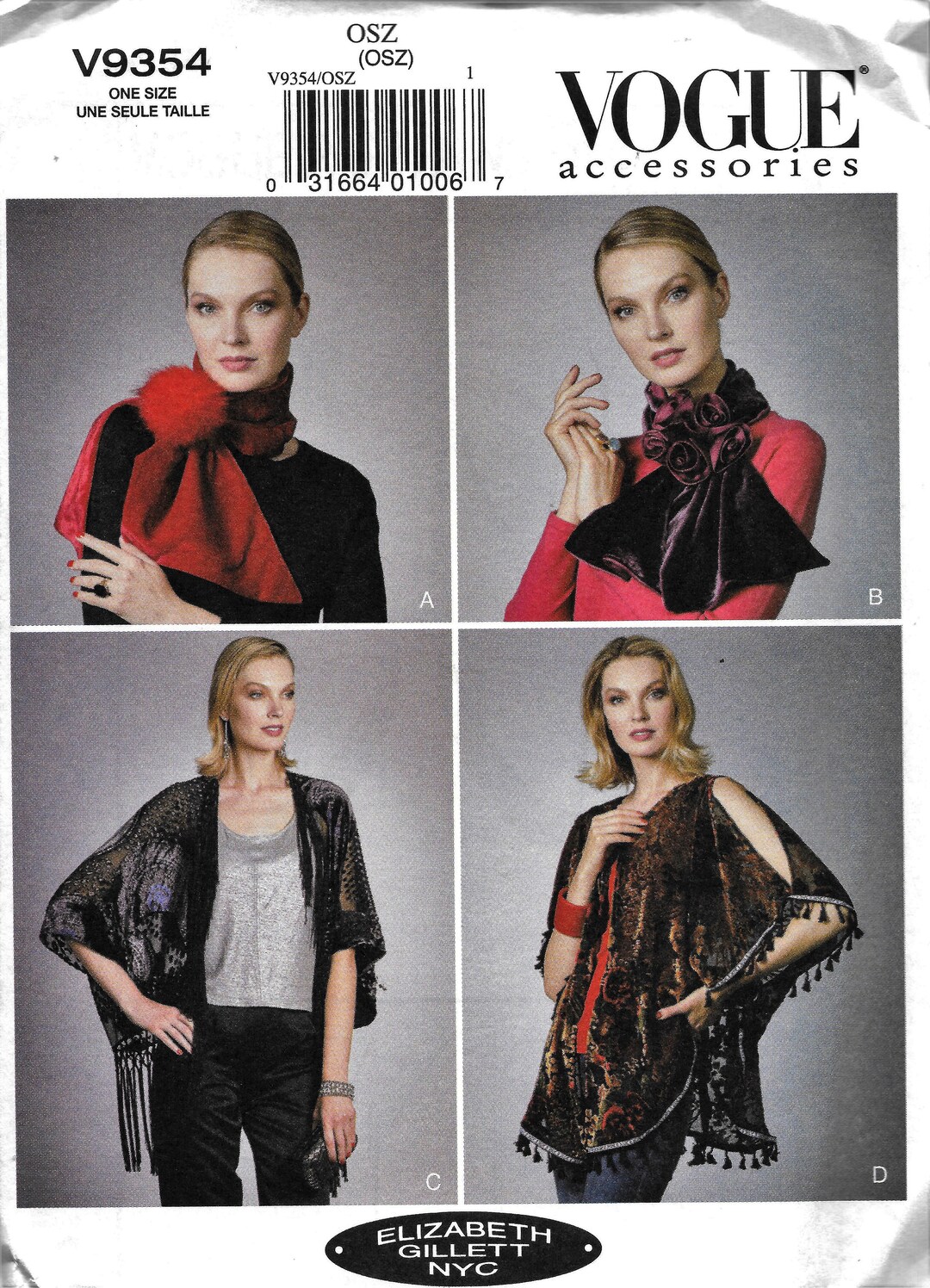 Vogue V9352 Misses Scarves, Shrug and Kimono One Size Vogue Accessories ...