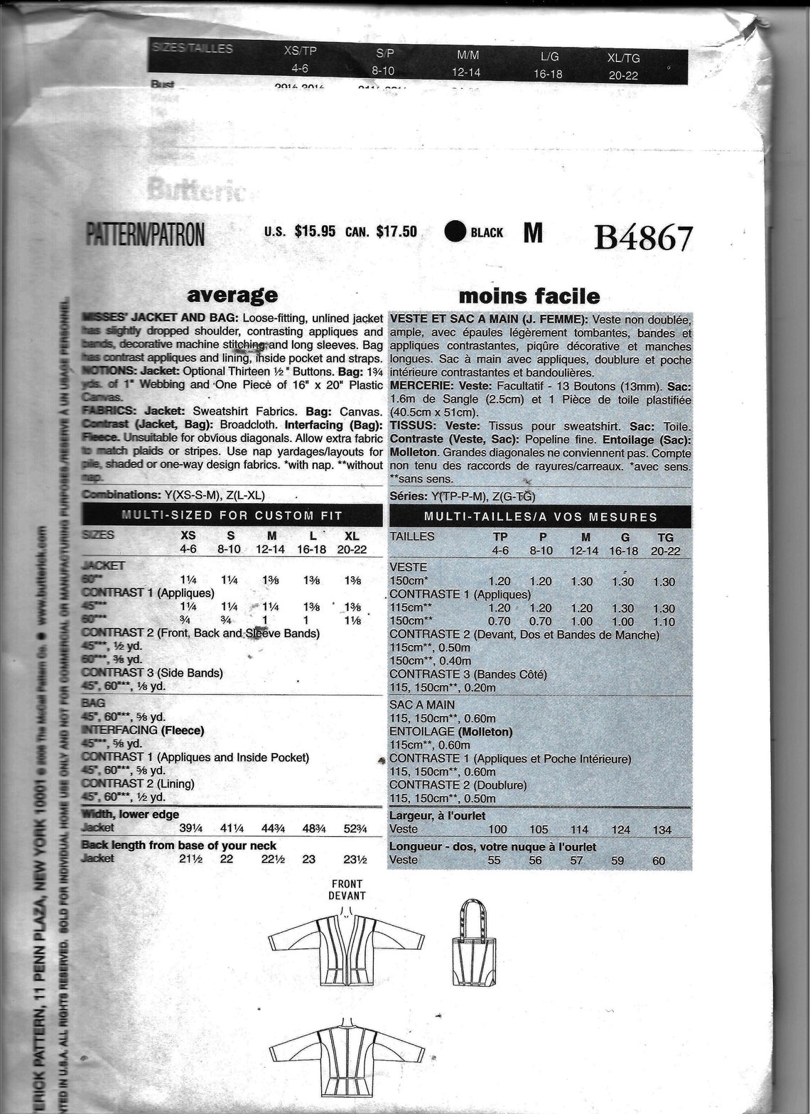 Butterick B4867 Just Jennifer Jacket and Bag Sewing Pattern - Etsy