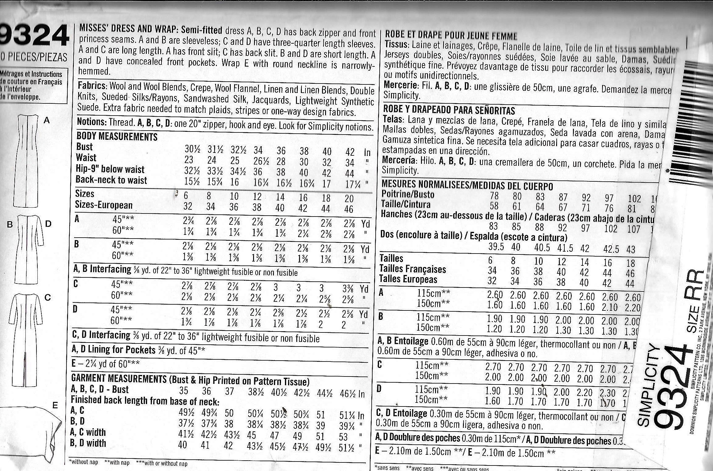 Simplicity 9324 Easy DRESS And WRAP Sewing Pattern UNCUT Plus | Etsy