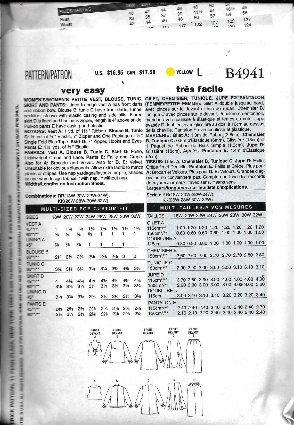 Butterick B4941 Womens Vest Blouse Tunic Skirt Pants Sewing Pattern ...