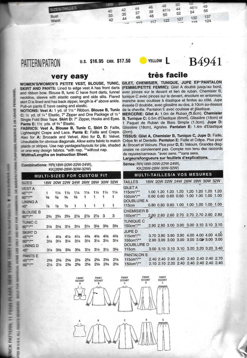 Butterick B4941 Womens Vest Blouse Tunic Skirt Pants Sewing | Etsy