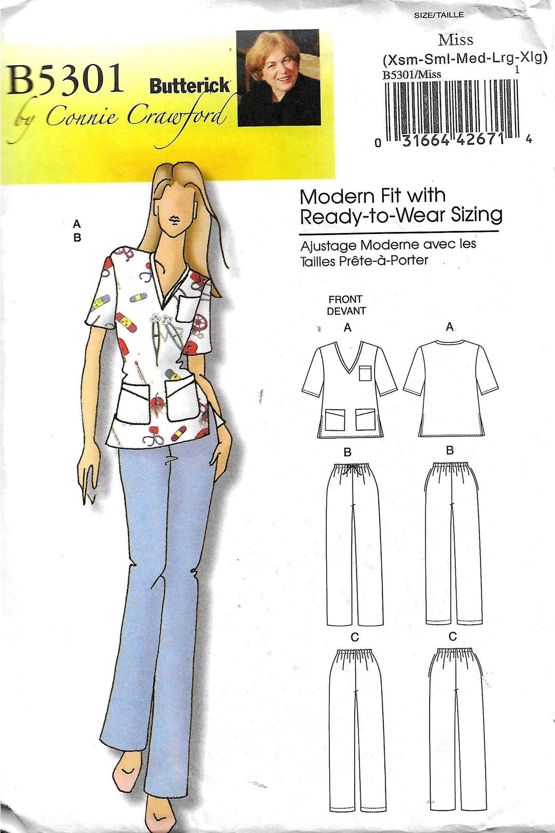 Butterick B5301 Women Nurses Scrubs Top Pants Sewing Pattern Size Xs, S ...