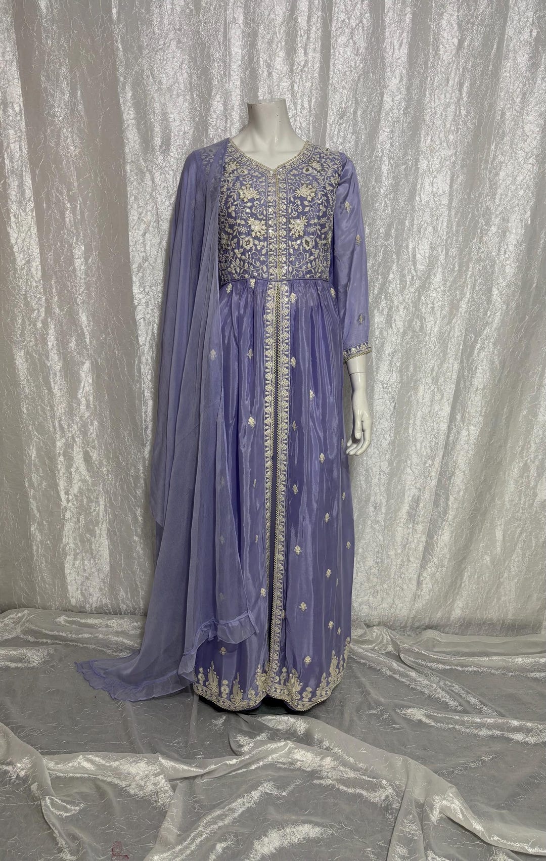 Lavender Anarkali Set With White Embroidery and Chiffon Dupatta - Etsy