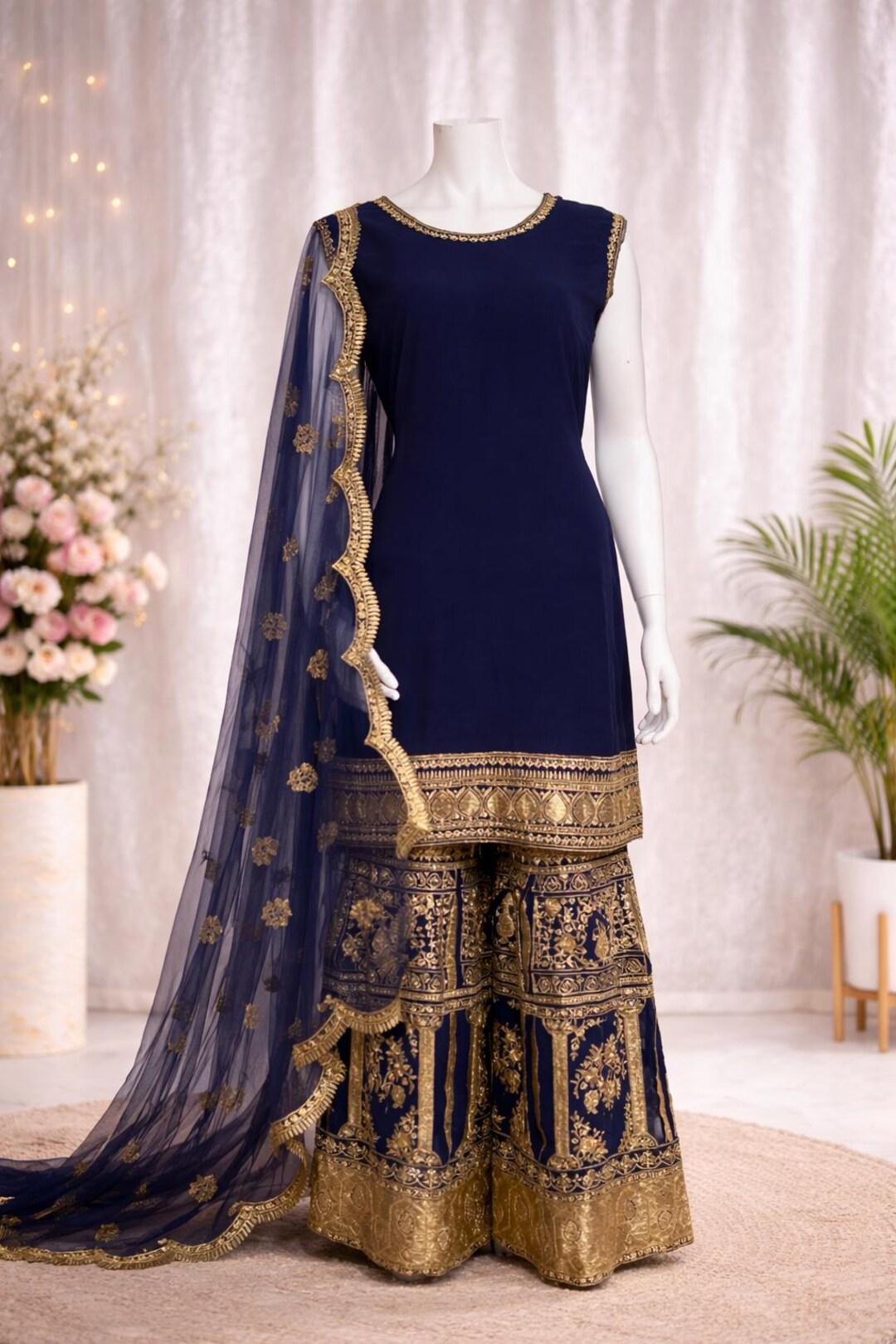 Navy Blue Sharara Suit | Gold Embroidered Indian 3-piece Dress ...