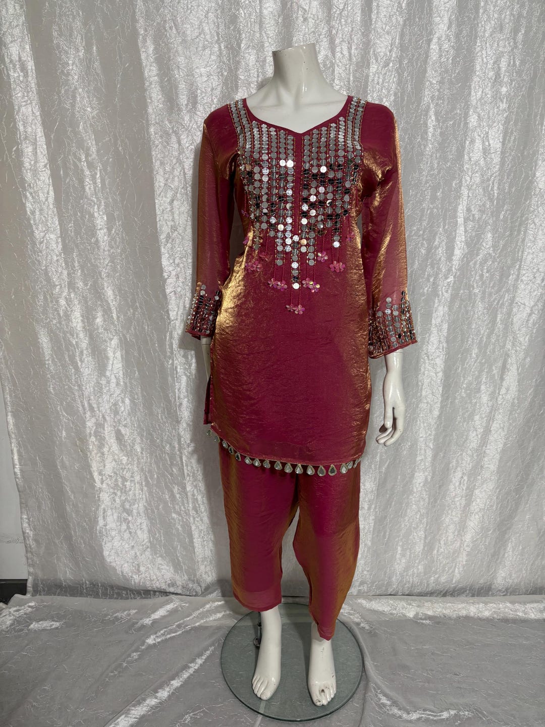 Pink & Silver Mirror-work Kurta Set - Etsy