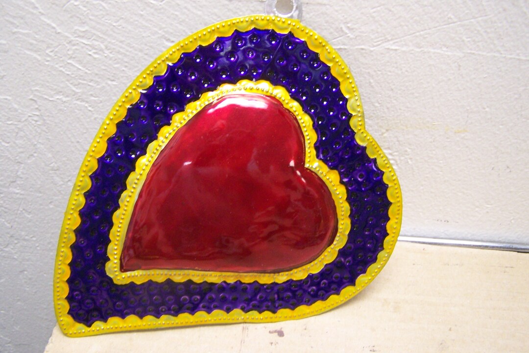 Large Painted Tin Sacred Heart - Slanted Heart, Purple - Mexico - Etsy