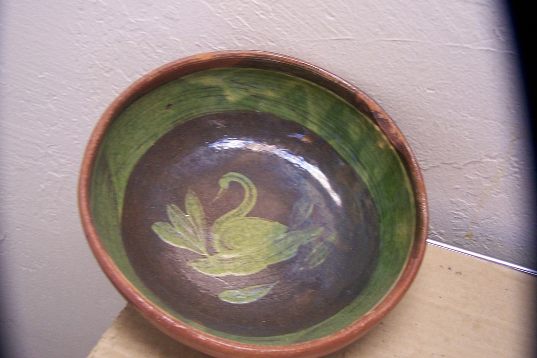 Vintage 1960s Lightly Glazed Greenware Ceramic Bowl With Swan Motif ...