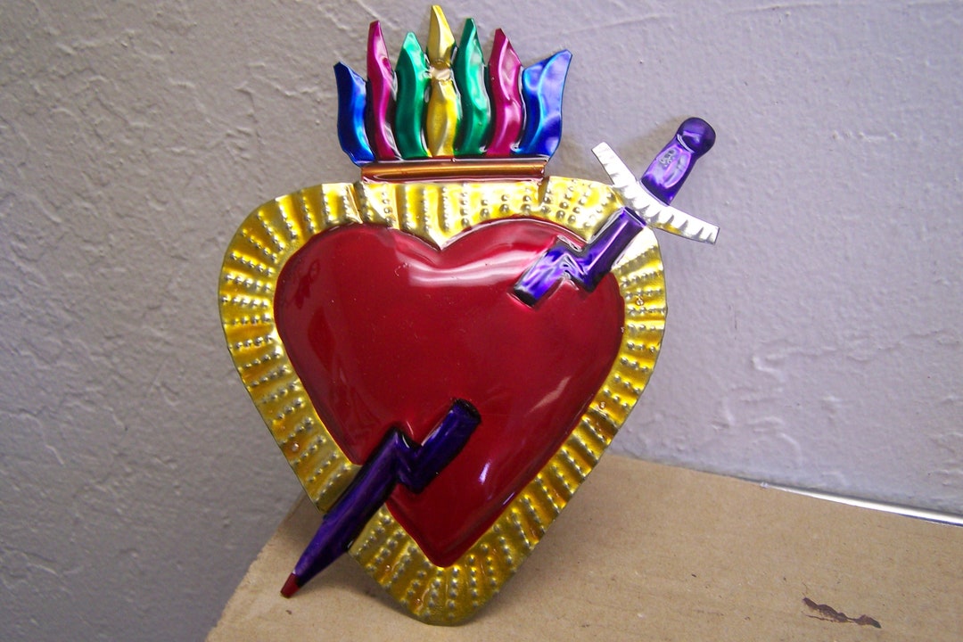 Large Painted Tin Sacred Heart With Jagged Spear Milagro Ex Voto ...