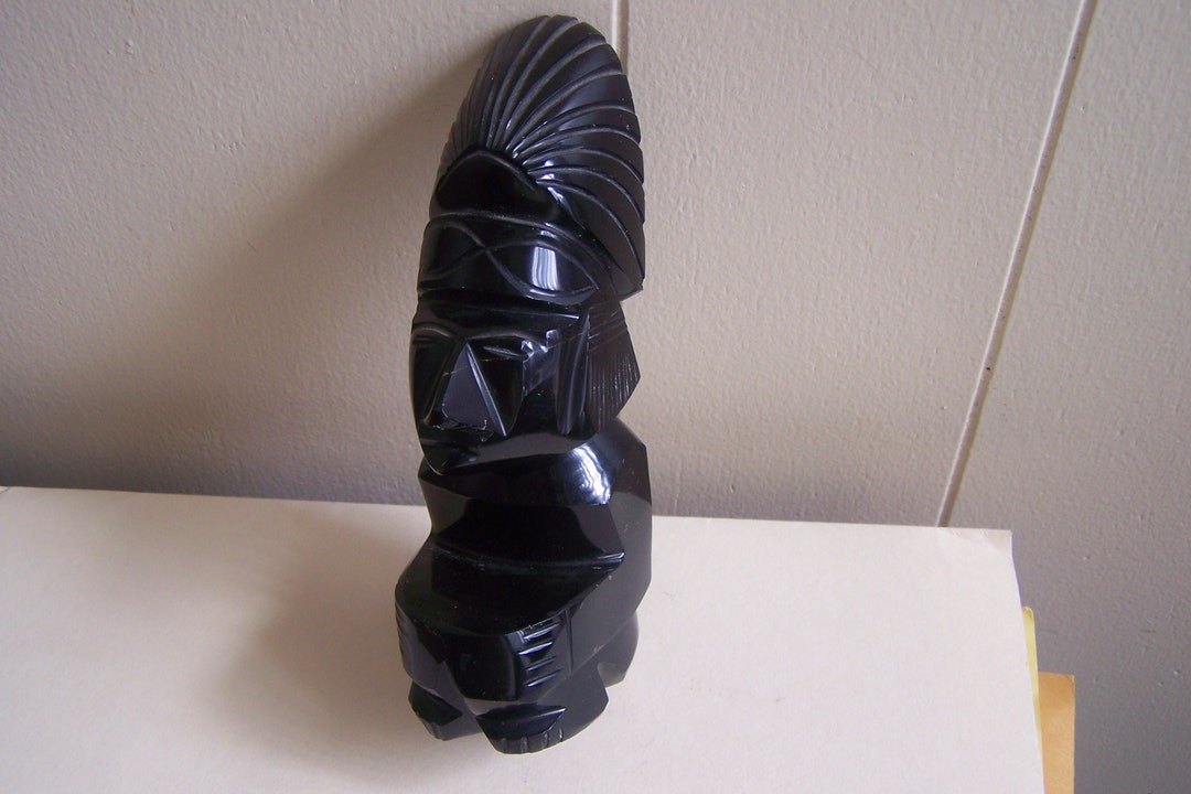 6 Tall Obsidian Volcanic Glass God Carving Aztec, Toltec, Maya. Olmec ...