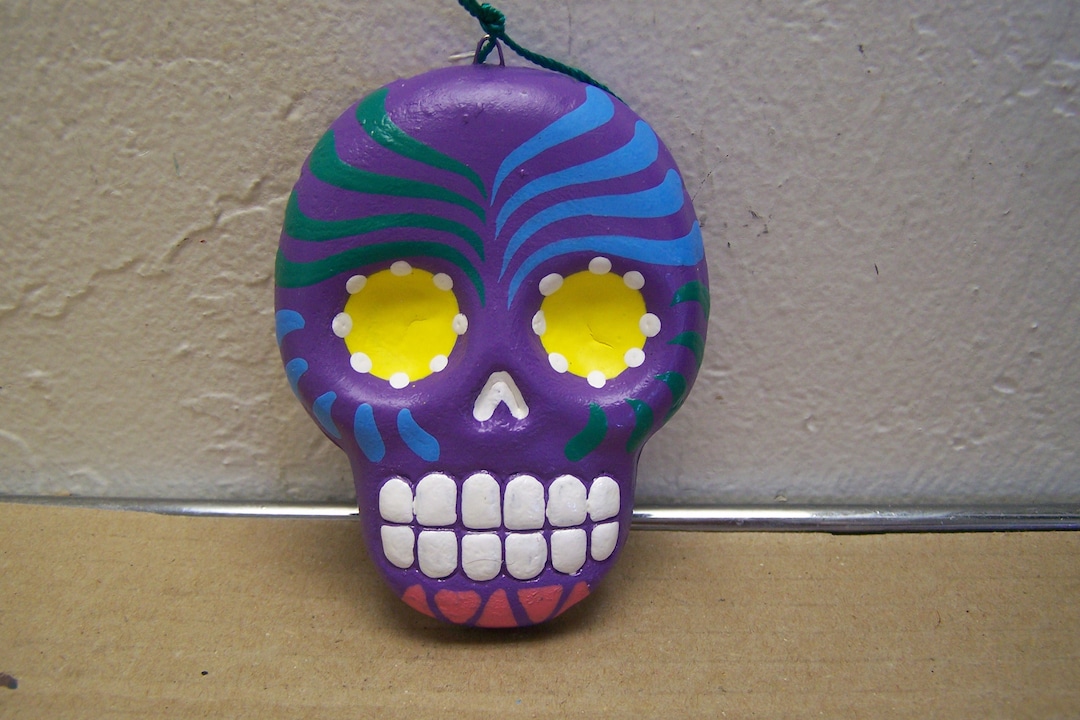 Day of the Dead Clay Painted Flat Skull Ornament - Purple - Etsy