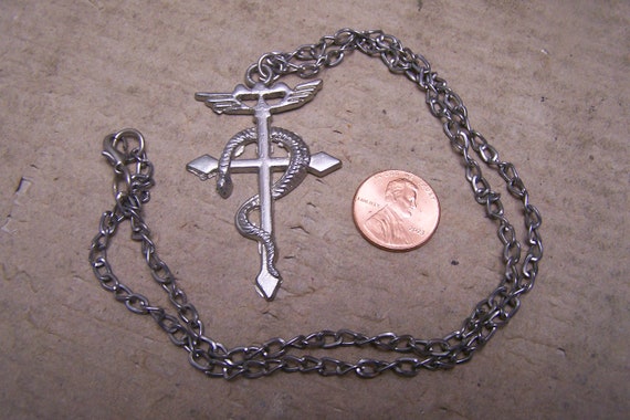 Caduceus with Cross Stainless Steel Necklace - Gem