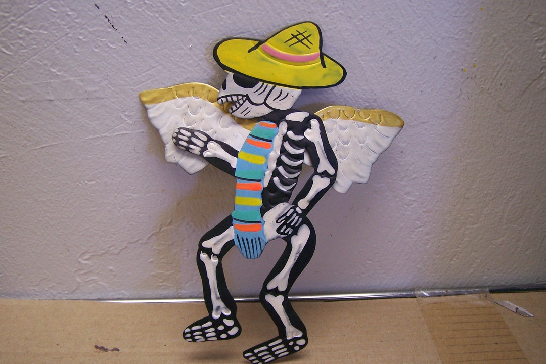 Painted Tin Day of the Dead Catrin Skeleton Ornament Angel in Sombrero ...