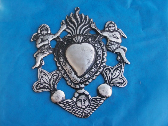 HUGE Tin/silver Sacred Heart With Angels Milagro Ex Voto - Etsy